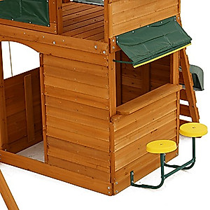 KidKraft Ridgeview Deluxe Clubhouse Wooden Swing Set / Playset with Café Table and Stools, Monkey Bars, Swing and Rock Wall, Gift for Ages 3-10