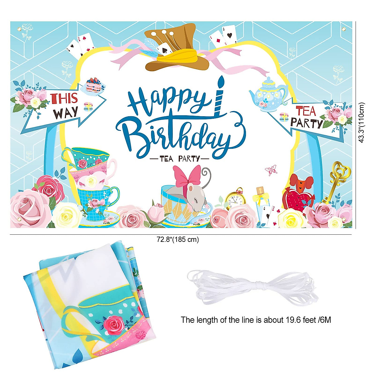 HOWAF Tea Party Birthday Party Banner, Large Fabric Alice Background Banner for Partea Birthday Party Decorations, Tea Kettle, Cupcakes, Butterfly Arts and Crafts for Outdoor Garden