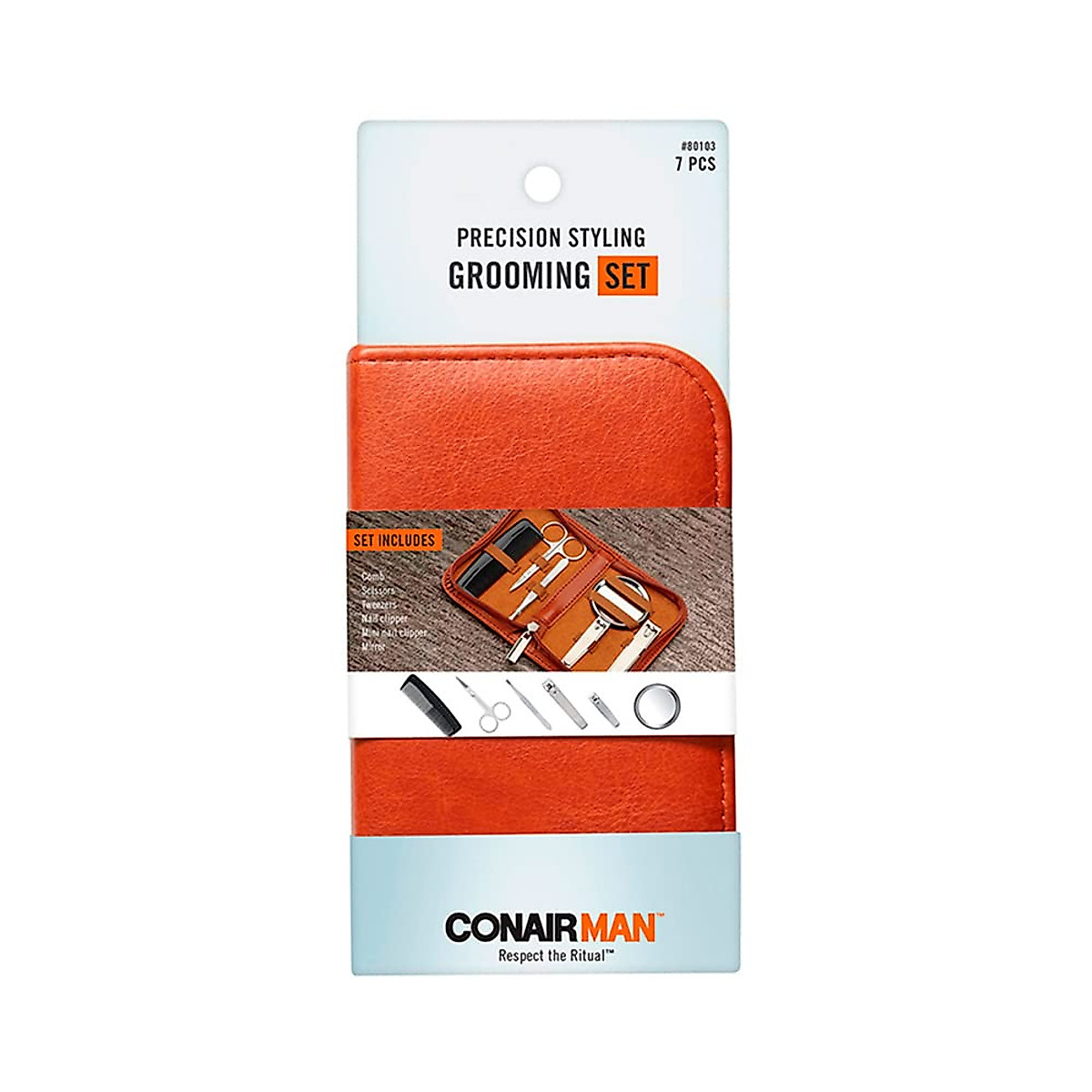 Conair Men's Grooming Kit, Grooming Kit for Men with 7-Pieces in Leather, Zippered Case