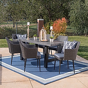 Christopher Knight Home Atina Outdoor Wicker Dining Set with Lightweight Concrete Table and Water Resistant Cushions, 7-Pcs Set, Natural Grey / Black / Mixed Black / Grey Cushions