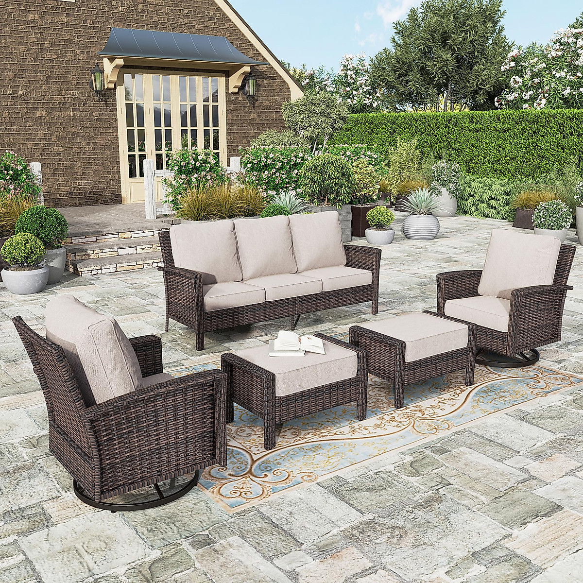 HERA'S HOUSE Patio Furniture Set with High Back Swivel Chairs, 5-Piece Outdoor Wicker Furniture Conversation Set with Ottomans for Garden Yard Porch, Beige