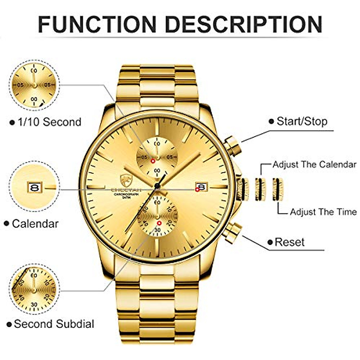 GOLDEN HOUR Men's Watches with Gold Stainless Steel Metal Strap Fashion Casual Waterproof Chronograph Quartz Watch, Auto Date in Black Hands