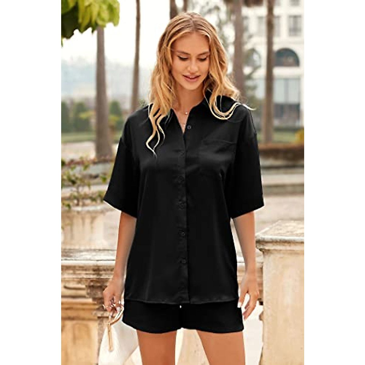 PRETTYGARDEN Women's 2 Piece Satin Pajama Sets Short Sleeve Button Down Tops And Shorts Set 2023 Summer Pjs Silk Sleepwear (Black,Medium)