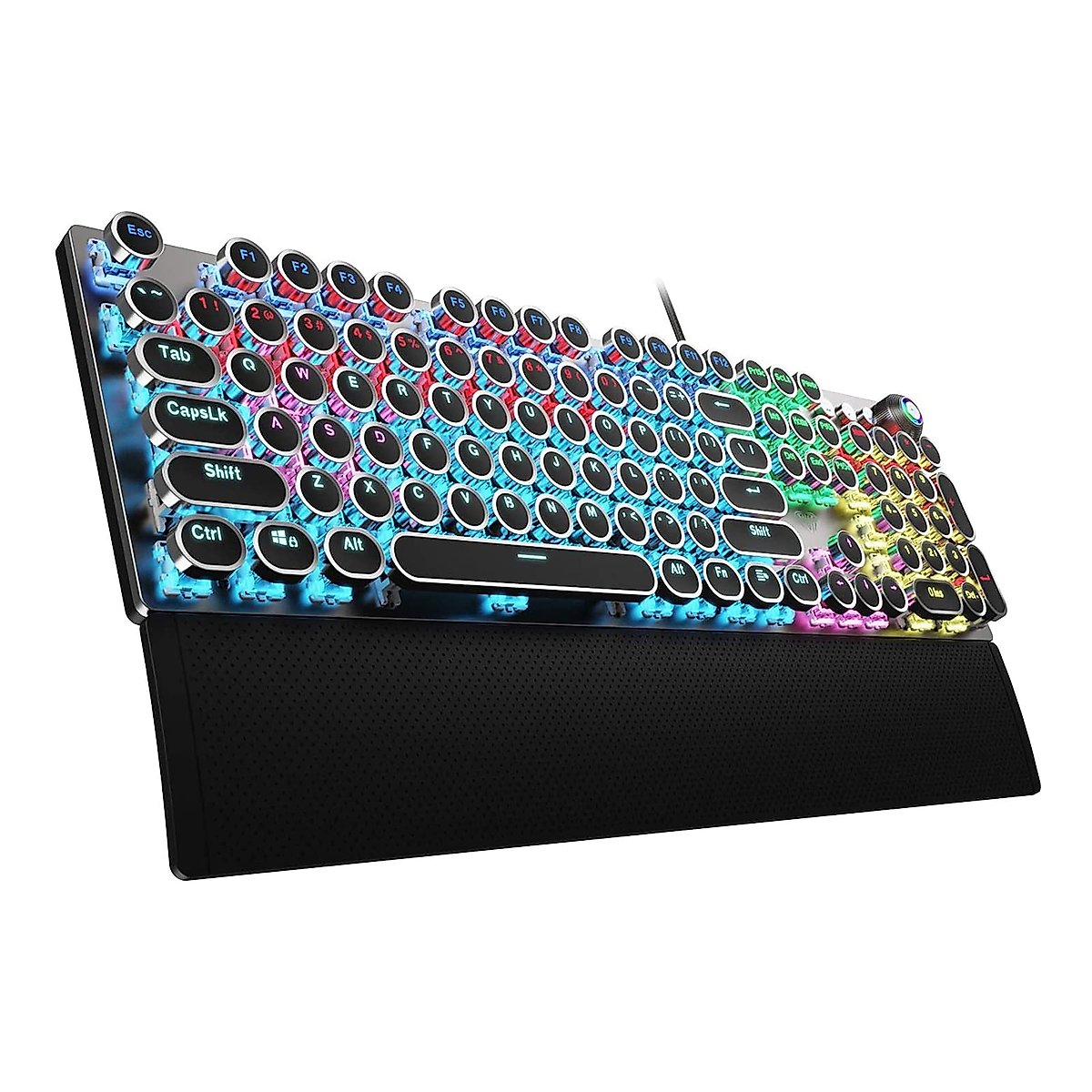 AULA F2088 Typewriter Style Mechanical Gaming Keyboard Blue Switches,Rainbow LED Backlit,Removable Wrist Rest,Media Control Knob,Retro Punk Round Keycaps,USB Wired Computer Keyboard