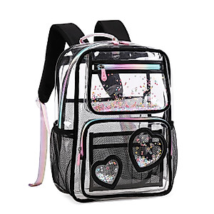 KIDNUO Clear Backpack for Girls Kids Elementary Bookbags Transparent Stadium Approved Travel Daypack See Through Middle College School Bag Large Laptop Backpack for Women Teens Students (Black)
