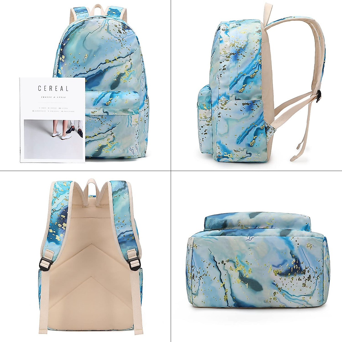 Pawsky Waterproof School Backpack Set Fits 14" Laptop Backpack Daypack College School Bookbag with Lunch Box and Pencil Case (Marble-Blue)