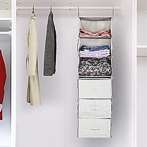 YTYBMW 6 Shelves - Hanging Closet Organizer with 3 Drawers and 4 Side Pockets for Hanging Closet Shelf Storage, Foldable Closet Organizer (Gray)