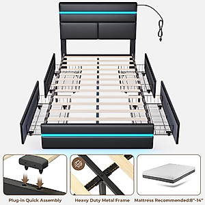 MSmask Twin Bed Frames with LED Lights and 4 Drawers, Upholstered Platform Bed Frame Twin Size with Lighted Storage Headboard & Footboard, Modern Black Futuristic Led Bed Frame, No Box Spring Needed