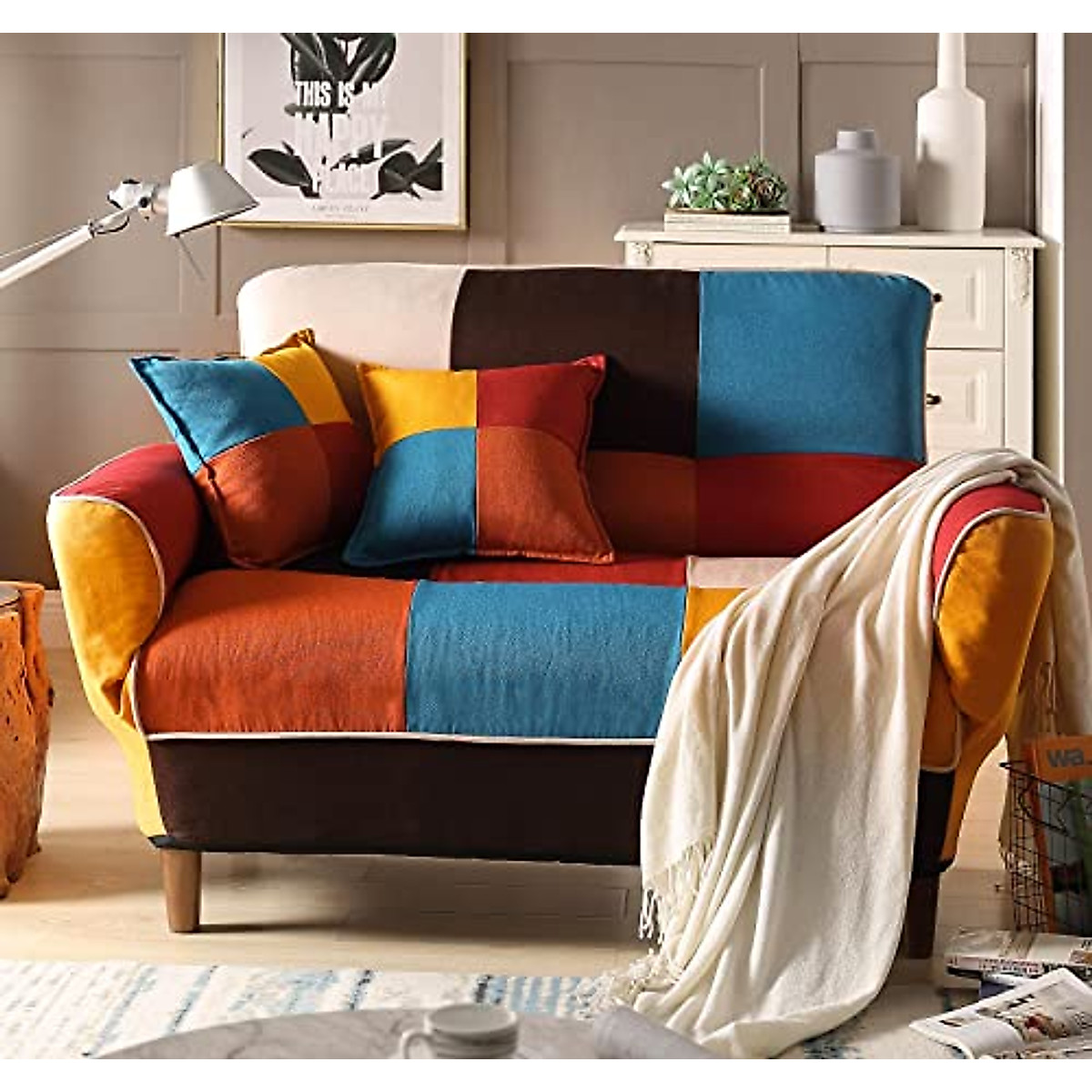 WILLIAMSPACE Convertible Futon Sofa Bed with 2 Pillows, Loveseat Sleeper Sofa Couch with Adjustable Armrest and Wood Legs, Recliner Sofa Couch with 3-Angle Backrest for Small Space - Colorful