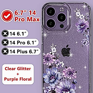 OKP (3 in 1 for iPhone 14 Pro Max Case Flower, with Screen Protector/Camera Lens Protector Cute Floral Pattern Clear Glitter Sparkly Bling Slim Hard Back Cover 6.7" for Women Girls, Purple Floral