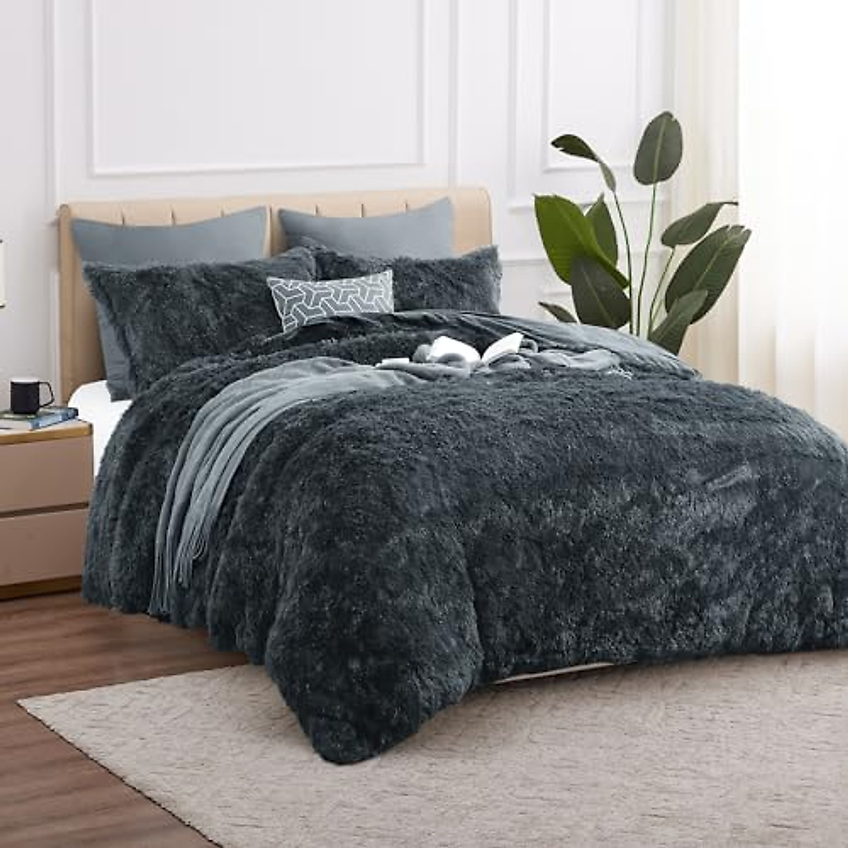 Aisbo Faux Fur Duvet Cover King - Fuzzy Plush Shaggy Duvet Cover King Size with Button Closure, Soft Fluffy Comforter Cover Set 104x90 Inches with 2 Pillow Shams for Winter, Grey