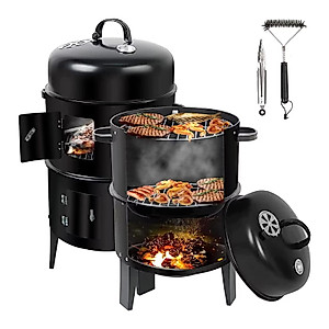 ZXMT 17 Inch Vertical Multi-Layer Steel Charcoal Smoker, Heavy Duty Round Charcoal BBQ Grill for Outdoor Smoking Charcoal Grill with Thermometer Outdoor Home Party