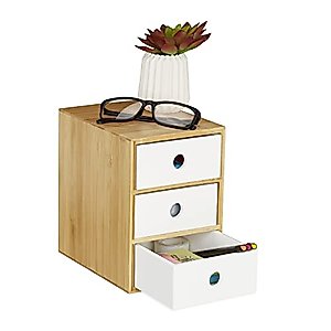 Relaxdays Desk Organiser, 3 Drawers, Bamboo & MDF, Office Storage Box, H x W x D: 21 x 14.5 x 20 cm, White, 1 Item
