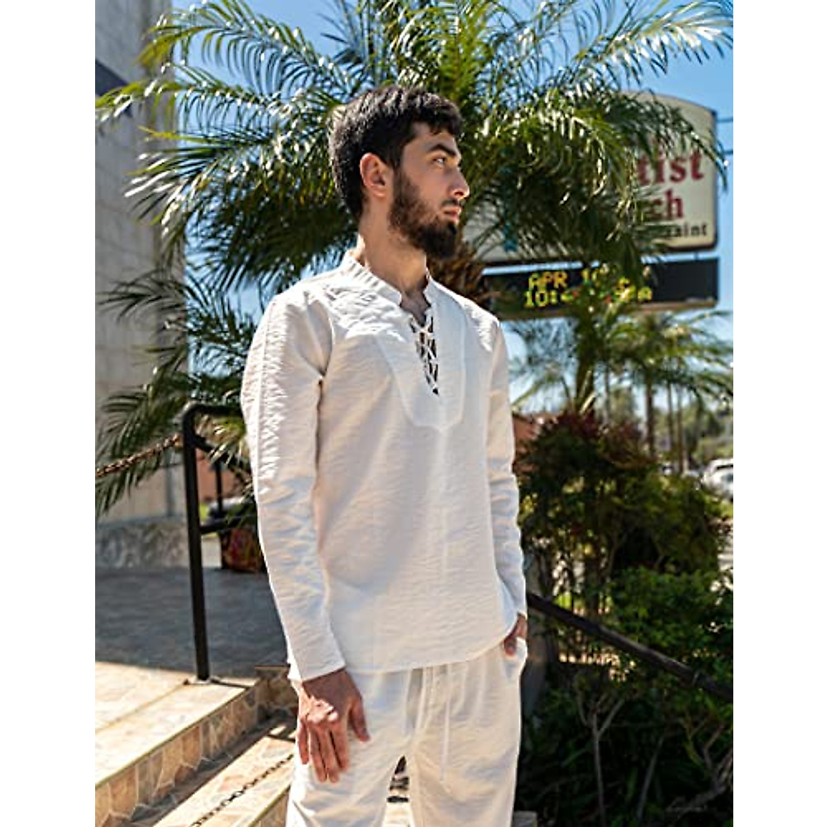 COOFANDY Men's 2 Piece Linen Set Long Sleeve Henley Shirts Casual Beach Pants With Pockets Summer Yoga Outfits