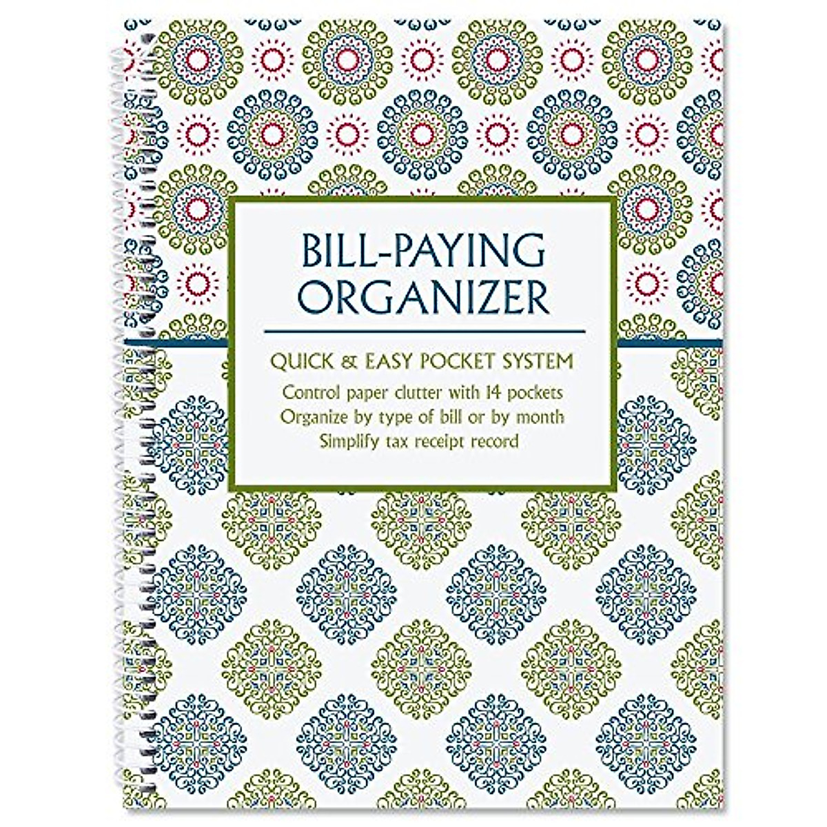 Fresh Patterns Bill Paying Organizer Book - Personal Account book, 9" by 12 inch, Spiral-Bound, 14 Pockets, 32 Label Stickers, Bill Tracking