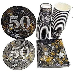 Serves 30 Complete Party Pack Happy 50th Birthday 9" Dinner Paper Plates 7" Dessert Paper Plates 12 oz Cups 3 Ply Napkins 50th Birthday Party Theme