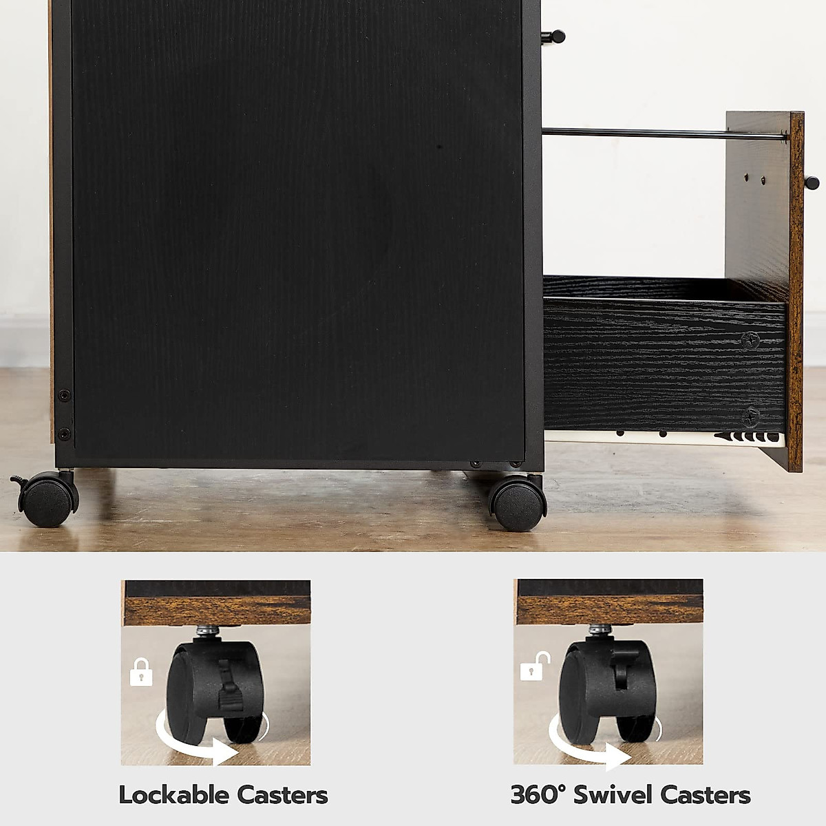 HOOBRO 2 Drawers File Cabinet, Filing Cabinet with Charging Station, Office Cabinet with Open Shelf, Wheels, Hanging File Folders, for A4, Letter Size, Home Office, Rustic Brown BF651WJ01