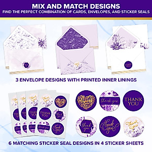 Decorably Thank You Cards with Envelopes & Stickers, Gold-Foiled Cards, 24 Pack Purple Thank You Cards with Envelopes Purple, Blank Inside Thank You Cards Purple, 6x4in Purple and Gold Thank You Cards