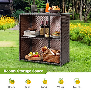 Toolsempire 3 Pieces Patio Bar Set Outdoor Bar Set, Wicker Bar Set with Tempered Glass Table-Top & Two Stools, Outdoor Furniture Bistro Set for Porch, Poolside, Backyard, (Red)