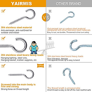 YAIRMIS Pack of 12 M6 Metal Hooks, heavy-duty304 Stainless Steel Screw Hooks, self-Tapping Eye-Ring Bolt Hooks, Wooden Terminal Eye-Hole Hooks, Pendant Lights and Wires, Strong