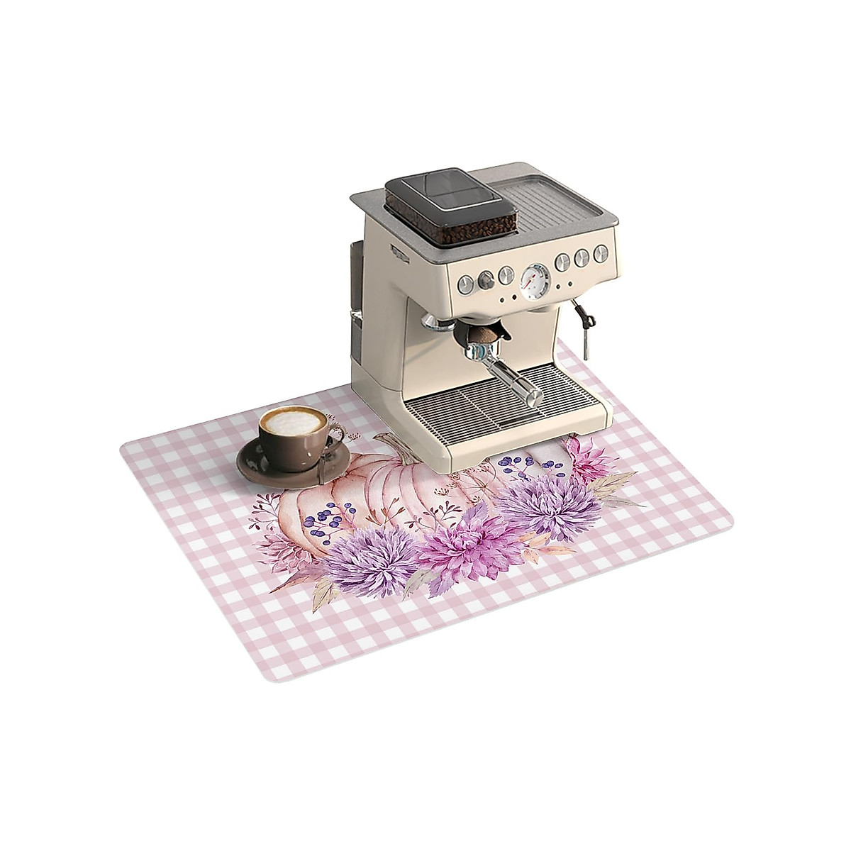 Coffee Mat for Counter, Hello Autumn Thanksgiving Pumpkins Pink Plaid Absorbent Hide Stain Coffee Bar Mat, Non-slip Coffee Bar Accessories Kitchen Drying Mat Fit Under Coffee Maker Espresso Machine