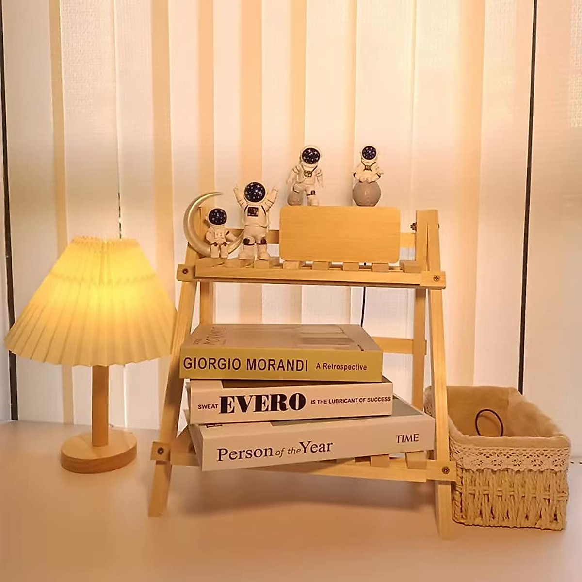 DERYTRADE Wooden Desk Organizer Foldable Double Wooden Layer Rack Desk Storage Shelf