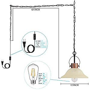 ANYONGLU Traditional Plug-in Pendant Lighting Fixture Amber Alabaster Glass Bowl Shade Antique Industrial Hanging Lamp for Kitchen Dining Room