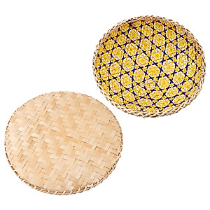 generic Hand- Woven Round Rattan Serving Tray with Food Dome Lid Cover for Picnic Party Bread Cake Pizza Dry Fruit Dessert Yellow Q1519432BAA 28x28cm