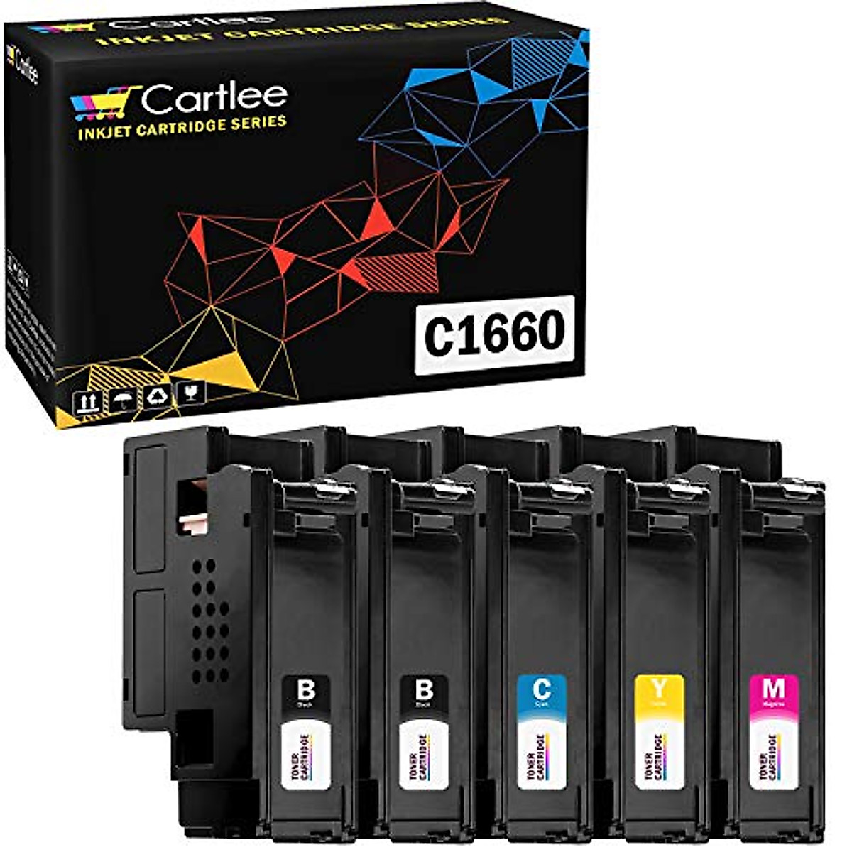 Cartlee Set of 5 Compatible High Yield Laser Toner Cartridges Replacement for Dell C1660, C1660W, C1660cnw, 1660, 1660w, 1660cnw 4G9HP Printers (2 Black, 1 Cyan, 1 Magenta, 1 Yellow)