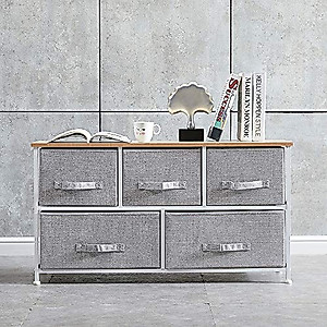 4HOMART Drawer Dresser Closet with 5 Easy Pull Fabric Drawers Organizer Unit Storage with Sturdy Steel Frame Wood Top for Bedroom Hallway Entryway Use