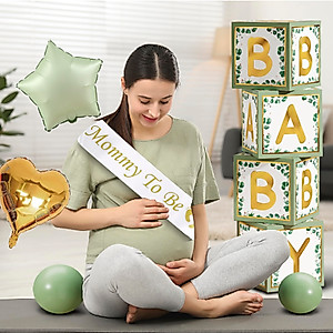 Sage Green Baby Shower Decorations,All In One Set,Neutral Baby Shower Supplies Kit, With 4 Balloon Blocks,12 Tableware Sets, Disposable Plates, "OH BABY" Balloons,Sage Baby Shower Tablecloth, Toppers