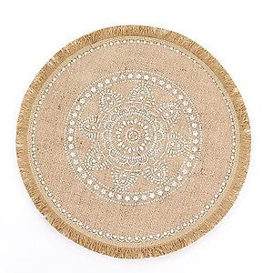 BalsaCircle 4 Natural 15 in Round Burlap Jute Placemats White Prints Fringe Tassel Trim Party Events Reception Decorations Supplies
