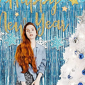 BRAVESHINE Light Blue Glitter Tinsel Foil Fringe Curtains - 2Pcs 3.2x8.2 ft Metallic Holiday Photo Booth Backdrop for Birthday Mermaid Ocean Pool Frozen Theme Baby Shower Wedding Party Streamers Decor