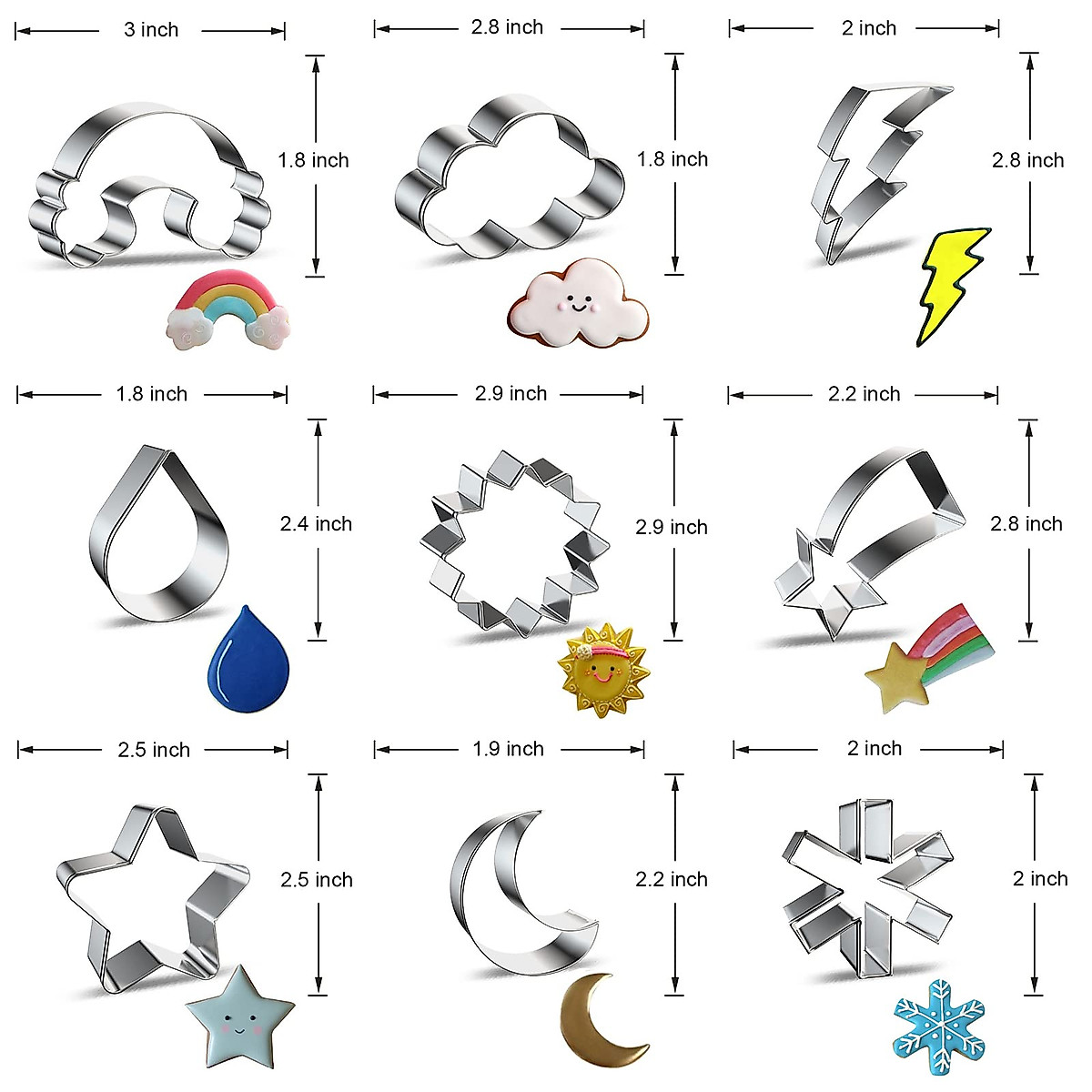 Weather Cookie Cutter Set for Baking - 9 Piece - Rainbow Cloud Lightning Bolt Raindrop Sun Shooting Star Moon Snowflake Cookie Cutters Shapes Molds for Kids Holiday Birthday Party Supplies Favors