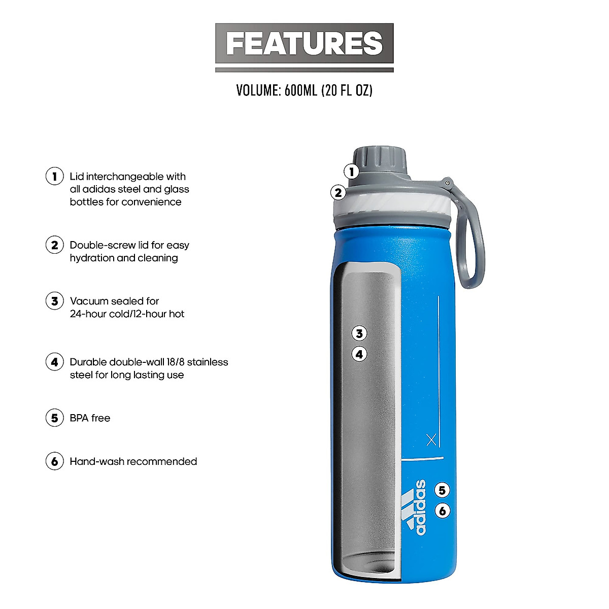 adidas 600 ML (20 oz) Metal Water Bottle, Hot/Cold Double-Walled Insulated 18/8 Stainless Steel, Blue Rush/White/Grey, One Size