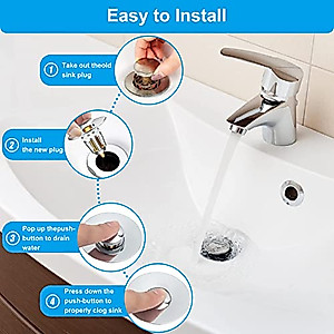 Bathroom Pop Up Sink Drain Stopper Wash Basin Strainer with Basket, Won't Spill, with Hair Catcher Ideal for Bathroom Kitchen Sinks Universal 1.08~1.96 Inch Drain Holes