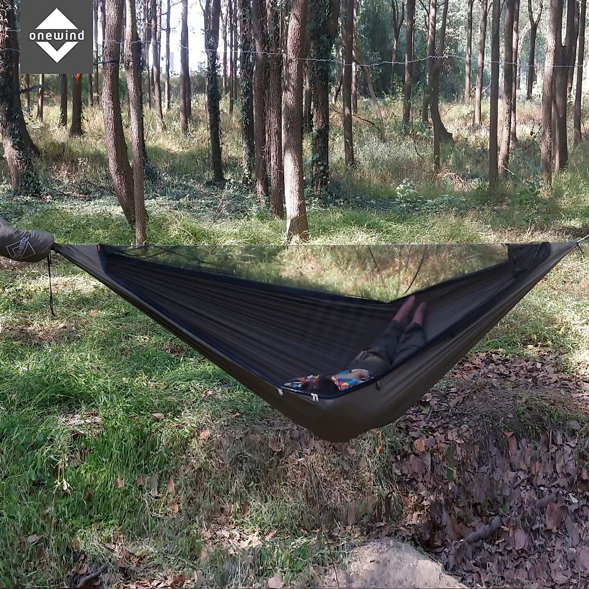Onewind 11Ft Camping Hammock with Mosquito Net and Structure Ridgeline, Lightweight Portable Double Hammock with 12ft Tree Straps, Ideal for Camping, Hiking, Backpacking, OD Green