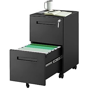 HOMEER 2 Drawer Mobile File Cabinet with Lock & Wheel, Under Desk Rolling Vertical Filing Cabinet, Anti-tilt Design Home & Office Metal Storage Drawers Filing Cabinet for Legal, Letter, A4 File, Black