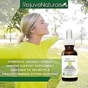 RejuveNaturals Oil of Oregano, USDA Organic - 1 fl oz (30ml Liquid) Wild, Mediterranean Oregano Oil. Concentrated Immune Support Drops. Gluten Free, Vegan & Non-GMO. Min 77% Carvacrol
