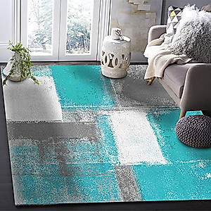 ZEREAA Washable Rug Anti-Slip Backing Abstract Area Rug Stain Resistant Rugs for Living Room Foldable Machine Washable Area Rug Teal and Grey Abstract Painting 5×7 Feet