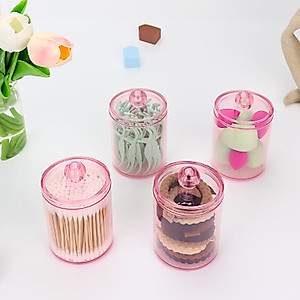 DAPOWER 2 Pack Qtip Holder Vanity Storage Canister for Cotton Ball Cotton Swab Pads Floss, 10-Ounce Clear Plastic Apothecary Jar with Lid, Bathroom Organizers and Storage (2)