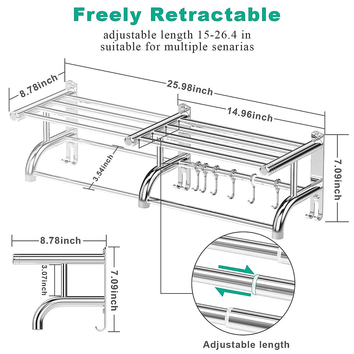 Towel Racks for Bathroom wall mounted, Adjustable 15 to 26 Inch Double Towel Bar for Bathroom, Favbal 304 Stainless Steel Bath Towel Holder with Shelf and 6 Hooks (Silver)