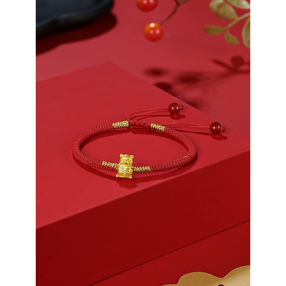 ZHOU LIU FU 24K Solid Gold Bracelets, Real Pure Gold Bracelet Chinese Zodiac Jewelry Adjustable Red Braided Bracelet Rabbit Dragon Dog Piggy with Blessing Idiom for Women Men Girlfriend