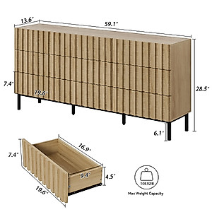 UEV Modern 9 Drawer Dresser for Bedroom,59" Mid Century Modern Dresser,Fluted Dresser Natural Wood Dresser with Panels for Handle,Long Chest of Drawers TV Stand Dresser for Bedroom,Living Room,Hallway