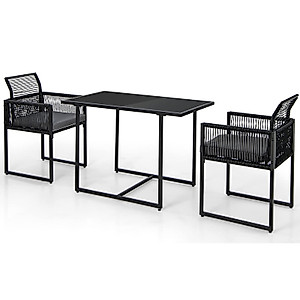 DORTALA Rattan Patio Furniture Set, 3-Piece Dining Set with Cushions, Tempered Glass Tabletop, Outdoor Wicker Small Chairs & Table Set for Backyard, Balcony, Poolside, Black