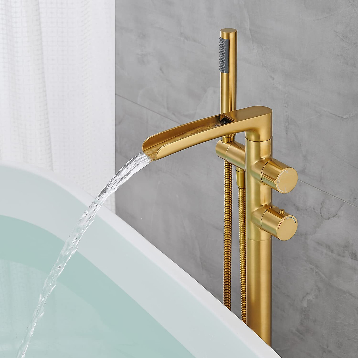 Qinkell Freestanding Thermostatic Bathtub Faucet Floor Mount Waterfall Tub Filler Brushed Gold Bathroom Taps with Handheld Shower