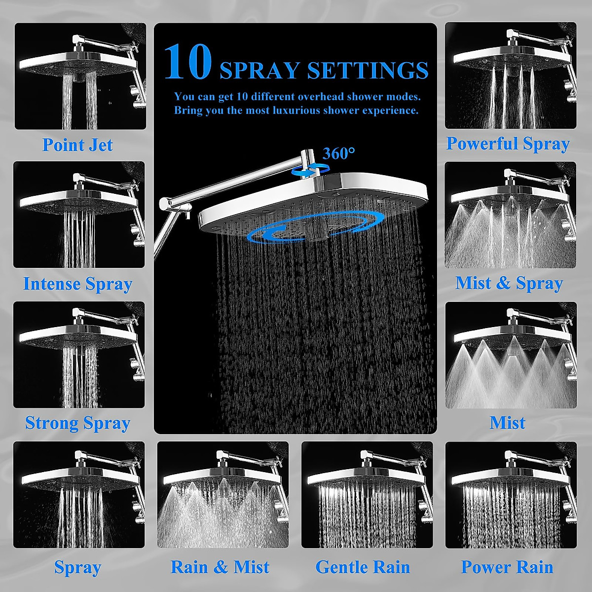 10+9 Functions High Pressure Rain/Rainfall Shower Heads With Handheld Spray Combo(Built-in Power Wash Mode), 10 Inch Double/Dual Shower Head With Handheld - Height/Angle Adjustable(Polished Chrome)