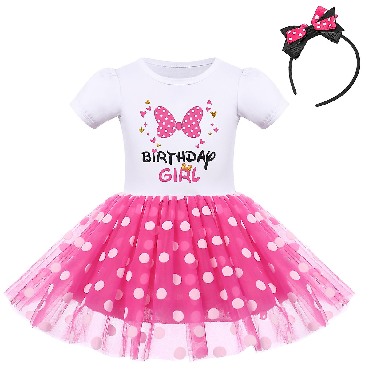 Mini Dress Baby Girls Polka Dots Tutu+Headband Outfit Princess Dress Up Costume Kids Toddler Christmas Halloween Carnival Birthday Party Clothes Photo Shoot White+Hot Pink-birthday 5 Years
