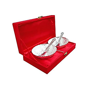Indian Accent Silver Plated Brass 2 Bowls,2 Spoons Design with Decorative Gifting Box Set Of 4