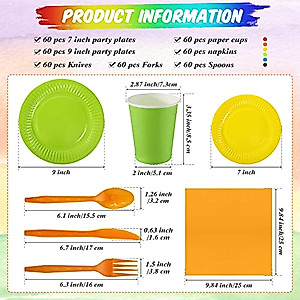 420 Pieces Rainbow Disposable Dinnerware Tableware Set 7 9 Inch Colorful Party Paper Plates Paper Cups Napkins Spoons Forks Knives Complete Party Pack for Birthday Neon Fiesta Party Supplies